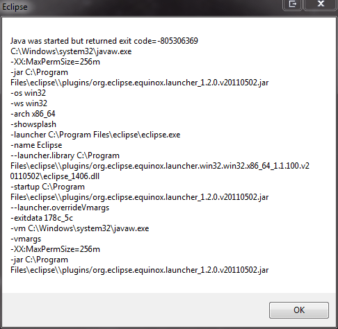 Eclipse failed, Java was started but returned exit code=-805306369 ...
